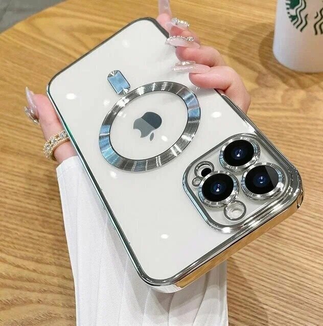 Чехол на iPhone 15 Pro Max / Айфон 15 Про Макс с магнитом силикон, с защитой камеры, серебро