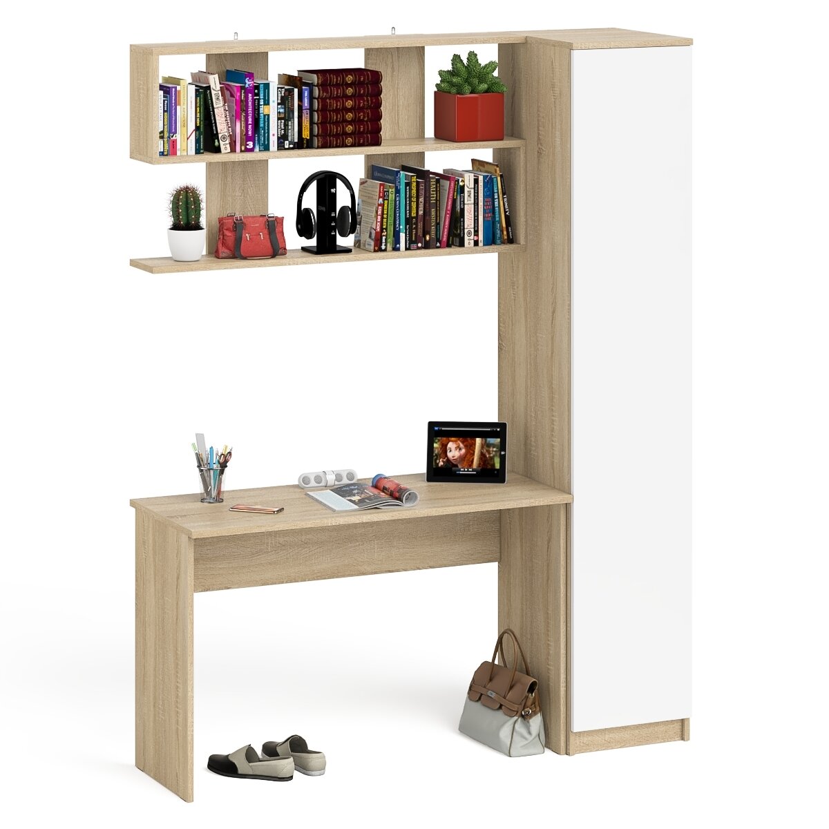Стол письменный Мори МСП1200.1 + Пенал МШ400.1 + Полка 1200, цвет дуб сонома/белый