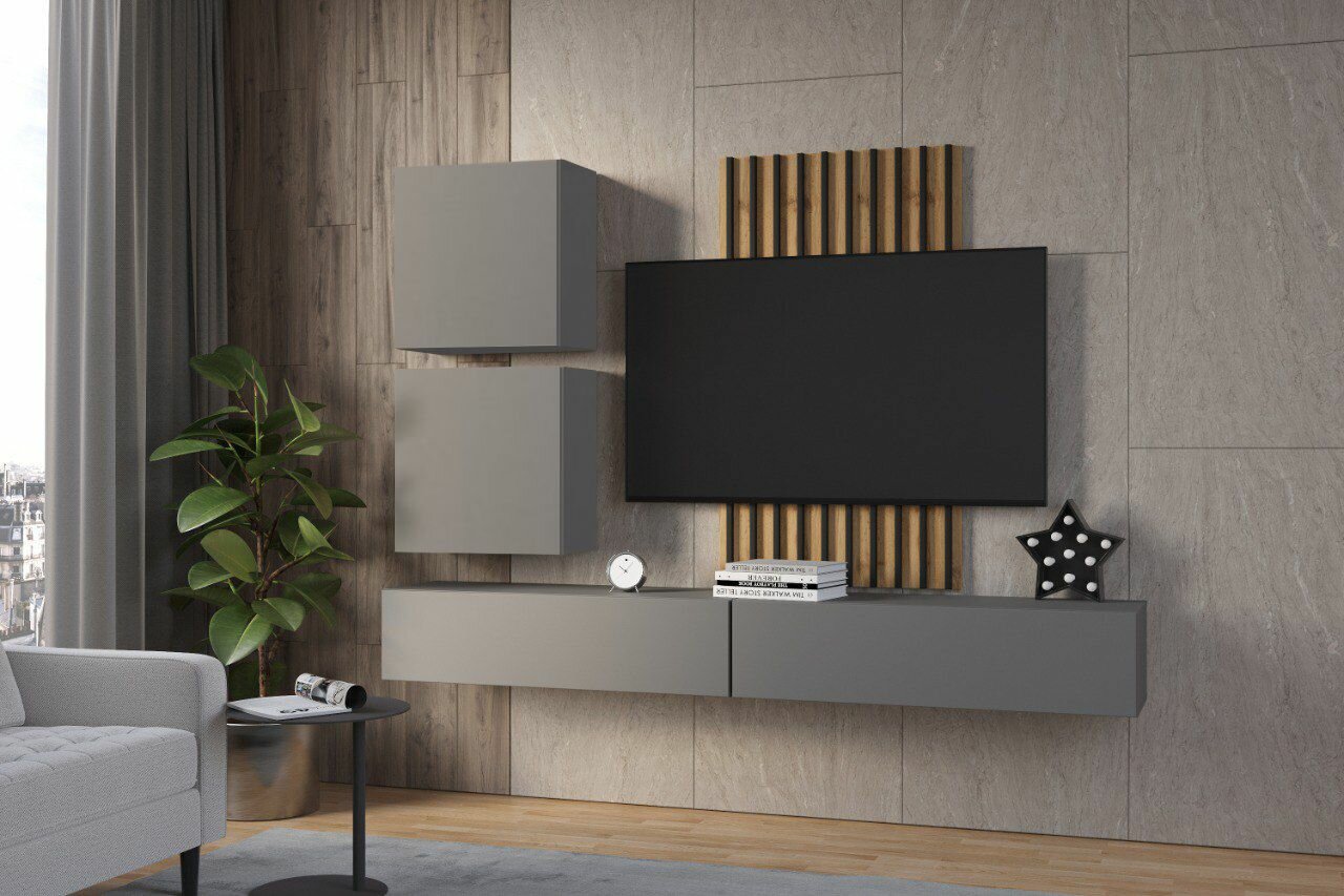 Стенка для гостиной POINT-К16, Серый графит/Дуб Вотан, 240х180х40 (ШхВхГ)