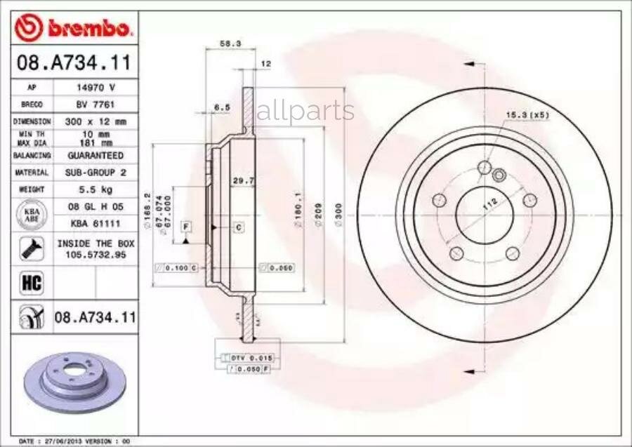 BREMBO 08. A734.11 Диск тормозной (Сзади) Mercedes-Benz S-Class 05-13 / SL-Class 01-12