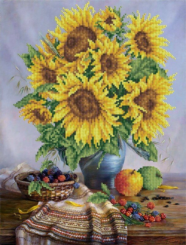 Ткань с рисунком для вышивания бисером Каролинка #ТКБЦ 3067 Подсолнухи, Вышивка бисером, 27 х 36 см (Бисер в комплект не входит.)