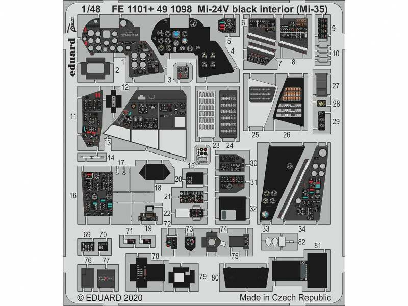 Фототравление для вертолета Ми-24В интерьер черно-белый (Ми-35), Звезда. Масштаб 1:48