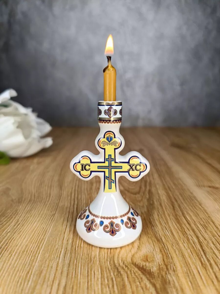 Пасхальный керамический подсвечник Крестик, под церковную свечу