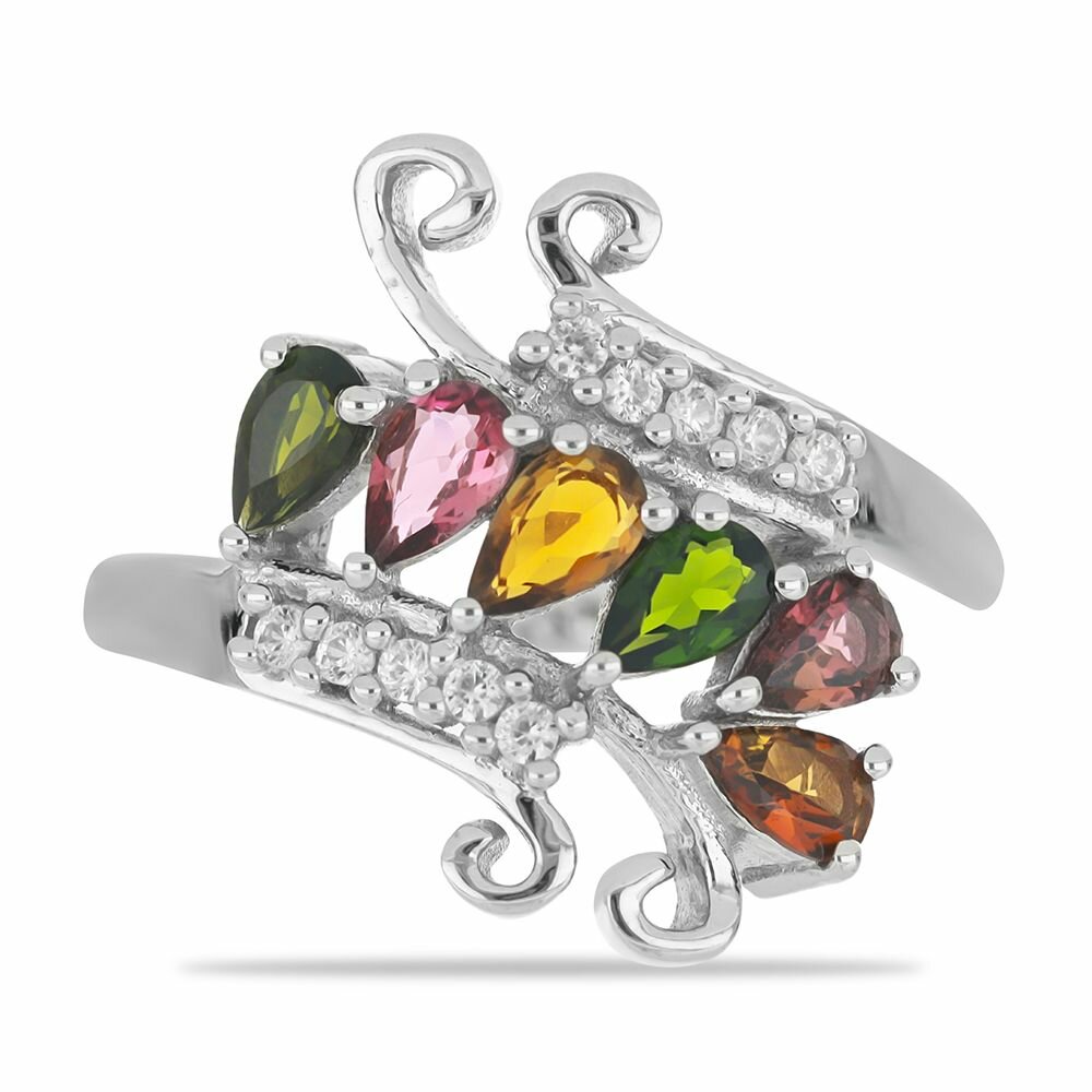 Кольцо, серебро, 925 проба, родирование, циркон, турмалин