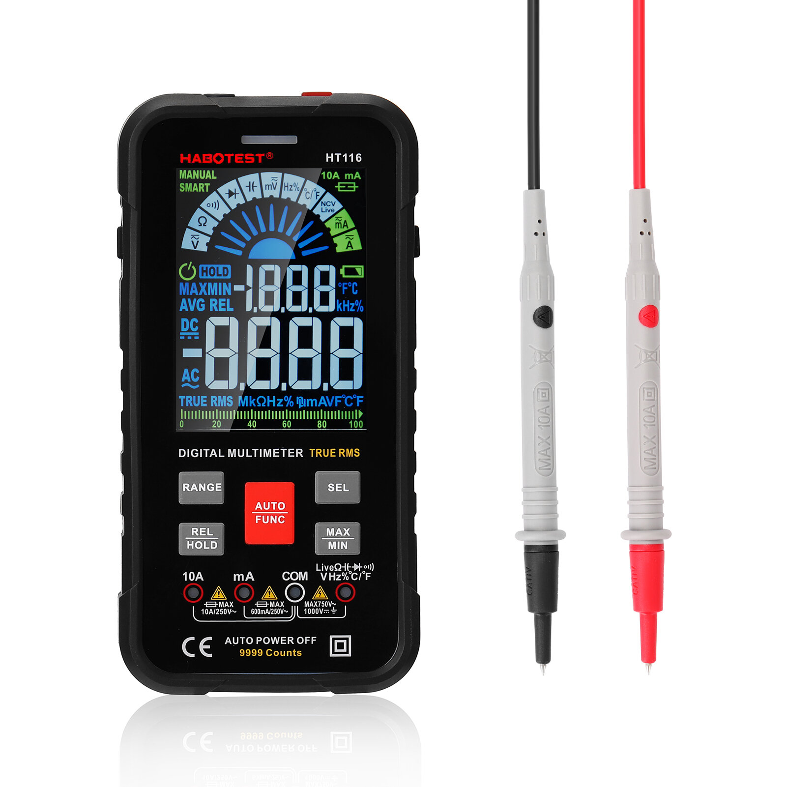 HABOTEST HT116: интеллектуальный мультиметр, 9999 отсчетов, True RMS, NCV, цветной экран, функция Flashilight, мультифункциональный.