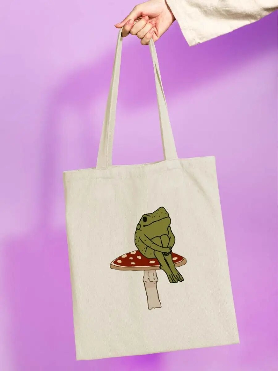 Сумка шоппер  на плечо женская холщевая с принтом Лягушка