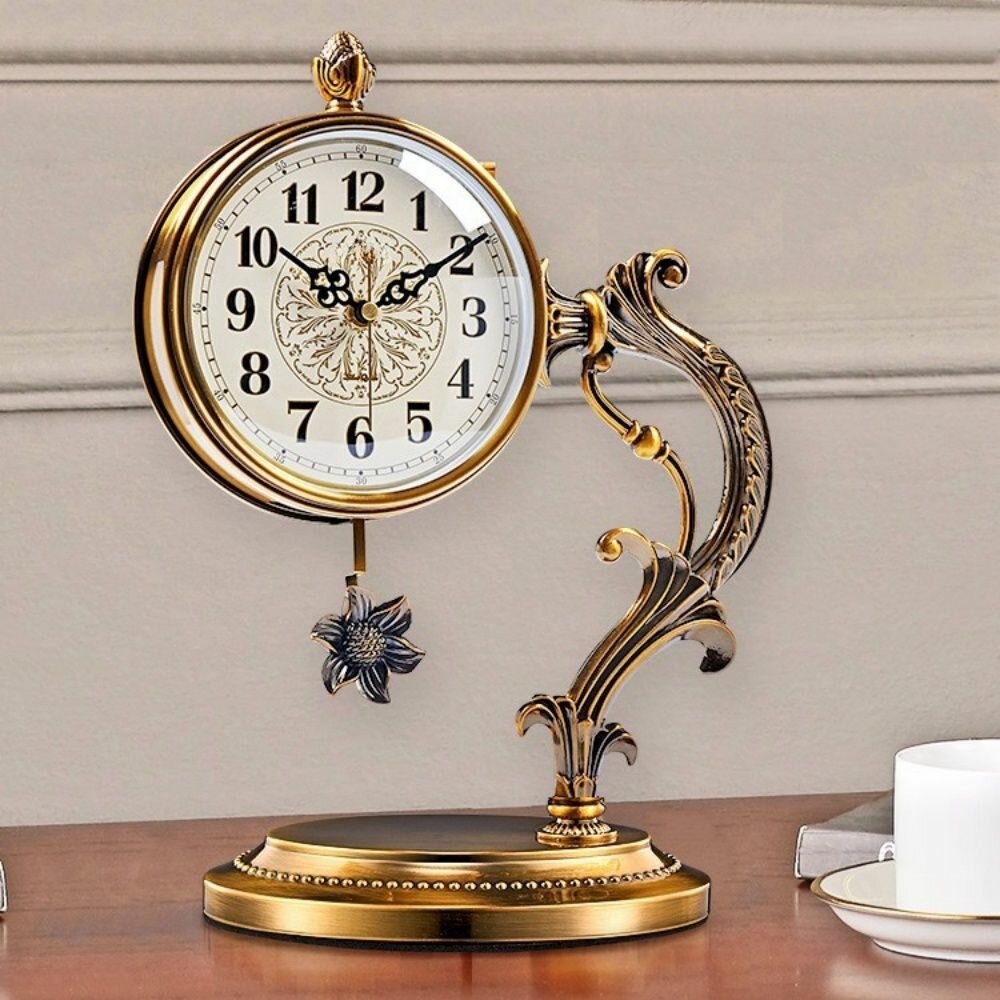 Настольные каминные часы, Старинный европейский стиль, с маятником, бесшумный, Сплав с медным покрытием, циферблат с принтом, кварцевый механизм