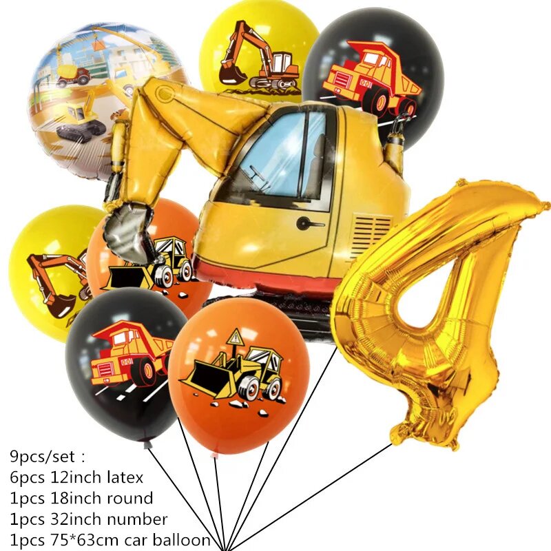 9 шт, латексные шары для строительной машины, экскаватор, кран, воздушные шары с номером для мальчиков, украшения для дня рождения, подарки Sup