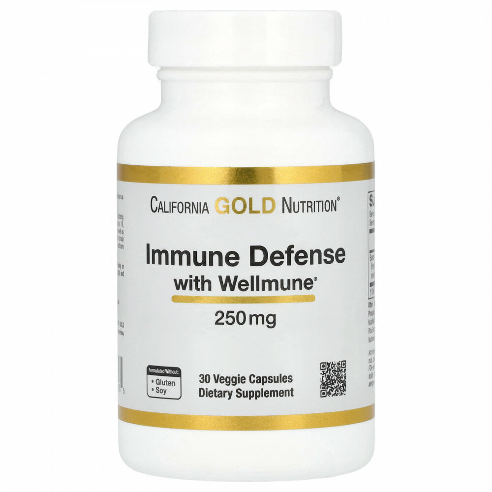 California Gold Nutrition, Immune Defense с Wellmune®, добавка для поддержки иммунитета, бета-глюкан, 250 мг, 30 растительных капсул
