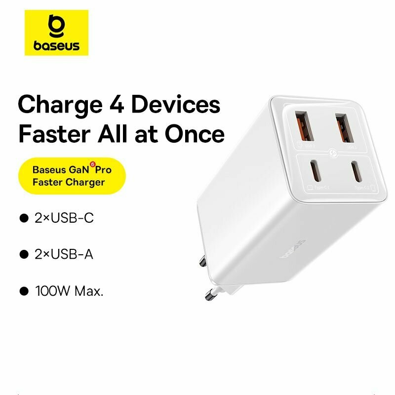 Сетевое зарядное устройство Baseus 100W GaN6 Pro 2xUSB-C, 2xUSB-A (P10162705212-00) белый