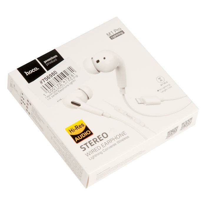 Проводные наушники M1 Pro, Lightning, HOCO, вакуумные с микрофоном, белые