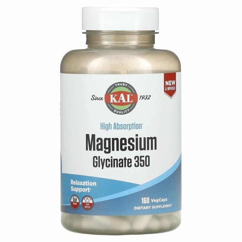 KAL, Магний глицинат 350 мг, Magnesium Glycinate 350 mg, 160 капсул