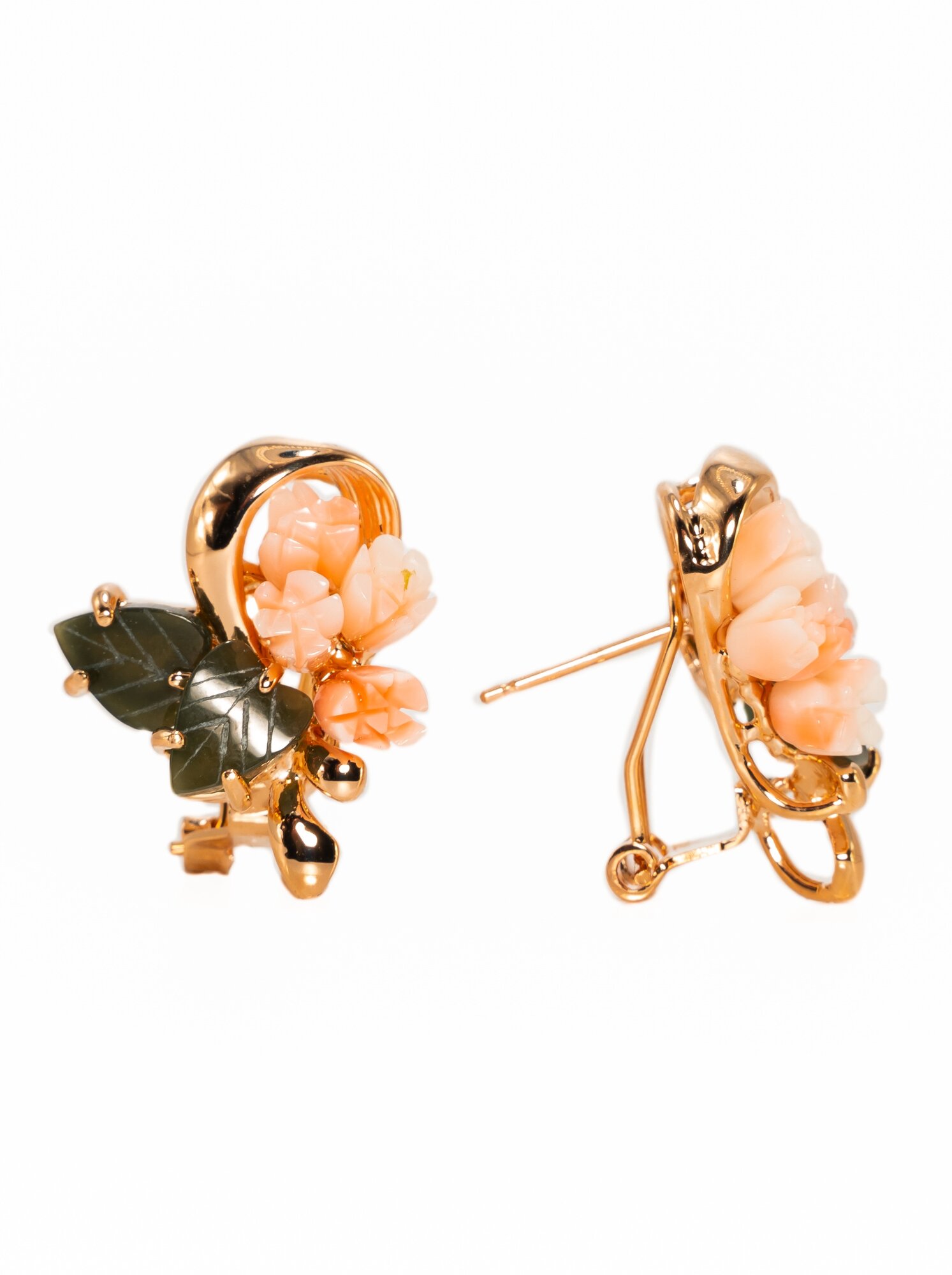 Серьги Lotus Jewelry, коралл, нефрит