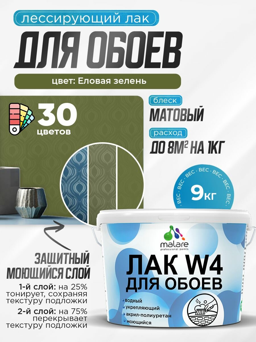 Лак колерованный тонирующий для защиты обоев Malare W4 универсальный для дерева и минеральных поверхностей, водный без запаха быстросохнущий, матовый, еловая зелень, 9 кг.