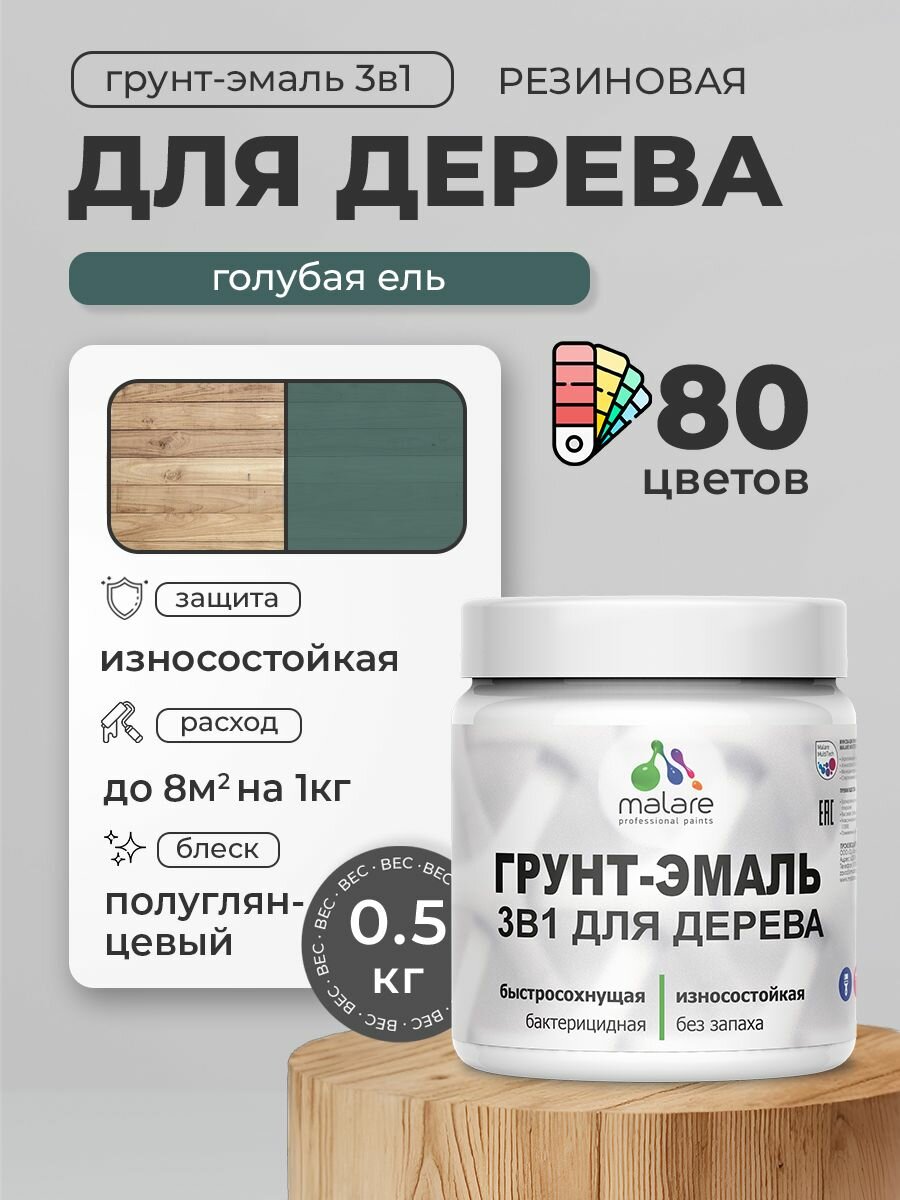 Резиновая Грунт-Эмаль 3 в 1 Malare для деревянных поверхностей/ краска по дереву с антисептическим эффектом/ быстросохнущая моющаяся без запаха полуглянцевая, голубая ель, 0.5 кг
