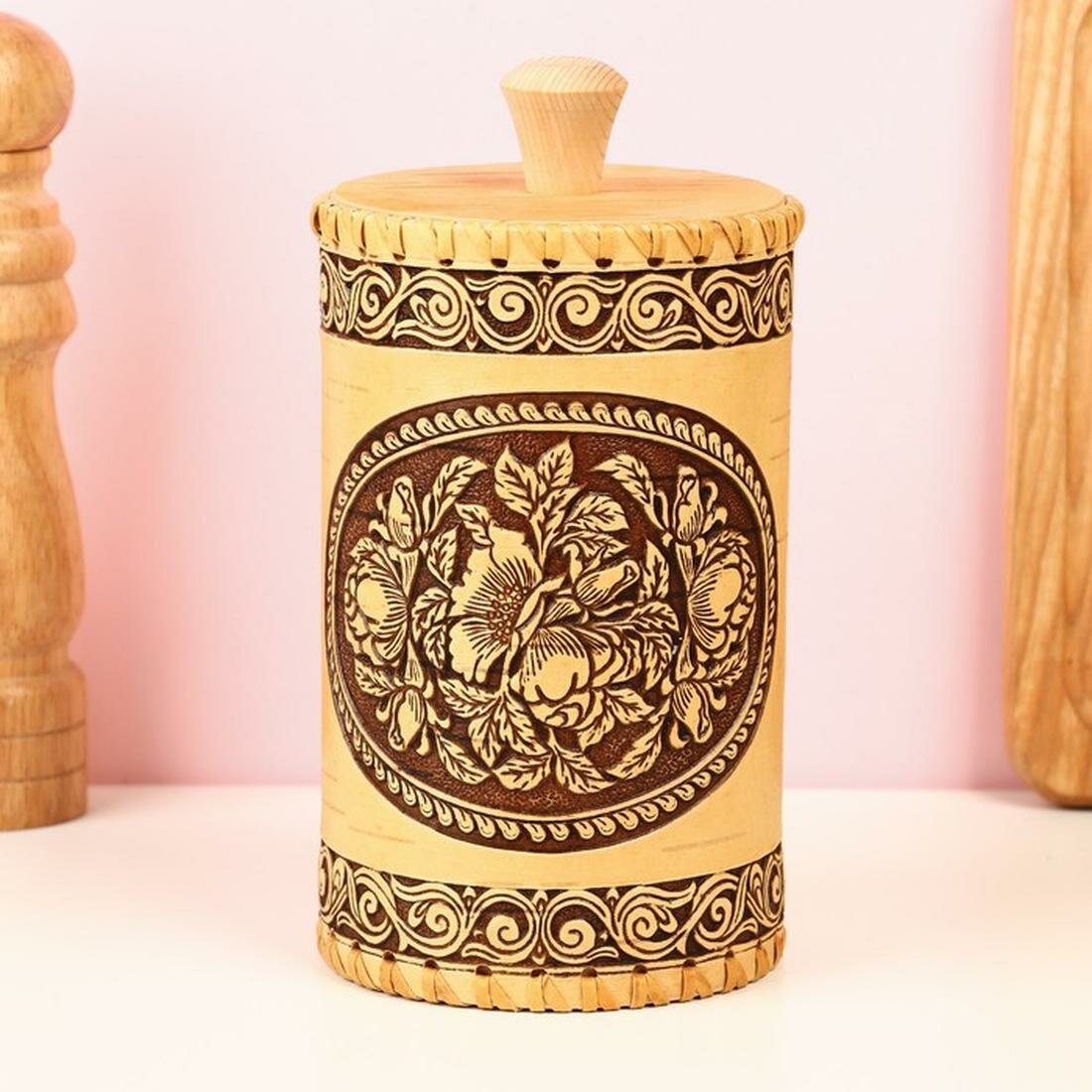 Туес "Пионы", 10,5 х 20 см, материал: береста, цвет: коричневый