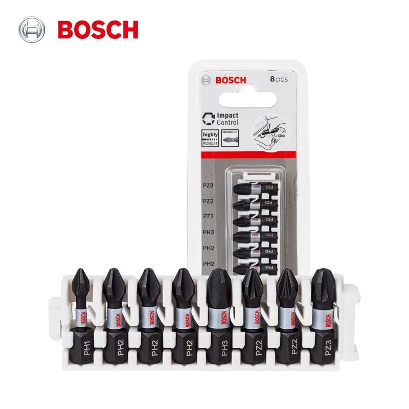 Биты для ударных отверток Bosch Impact Control 25 мм, 8 шт, Легированная сталь, Черный