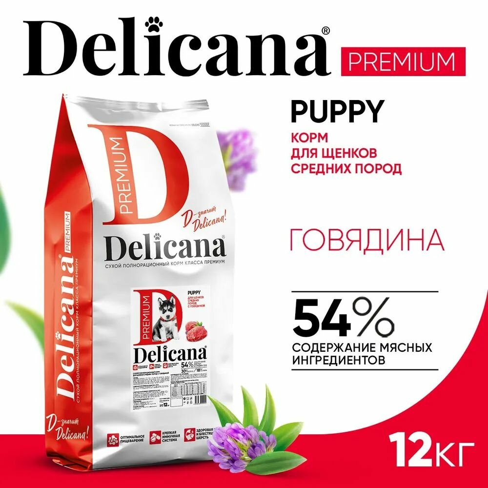 Сухой корм Delicana для щенков средних пород, говядина 12 кг