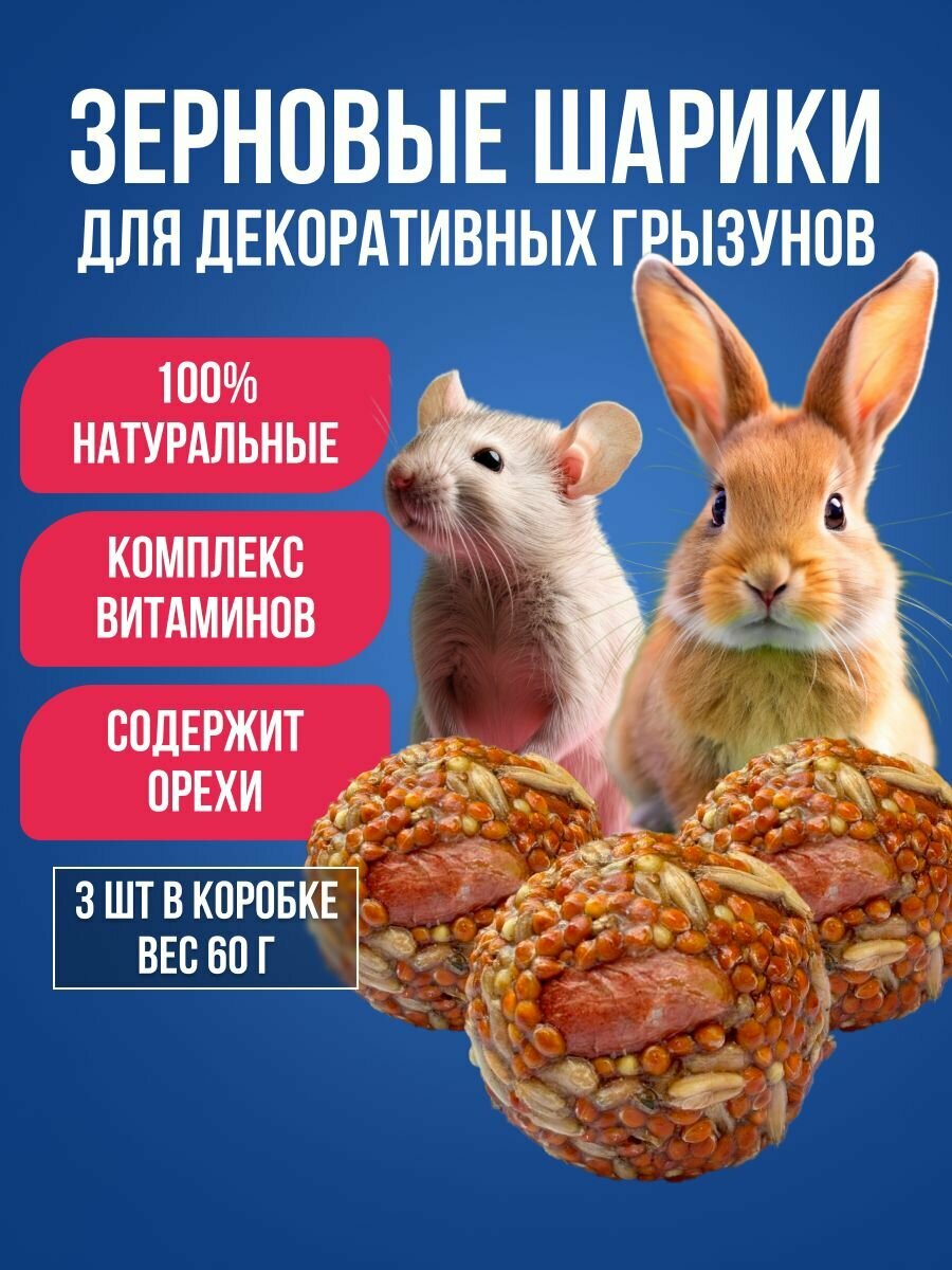 Лакомство для крыс и хомяков 60г, 3шт / Зерновые шарики с орехами для декоративных грызунов