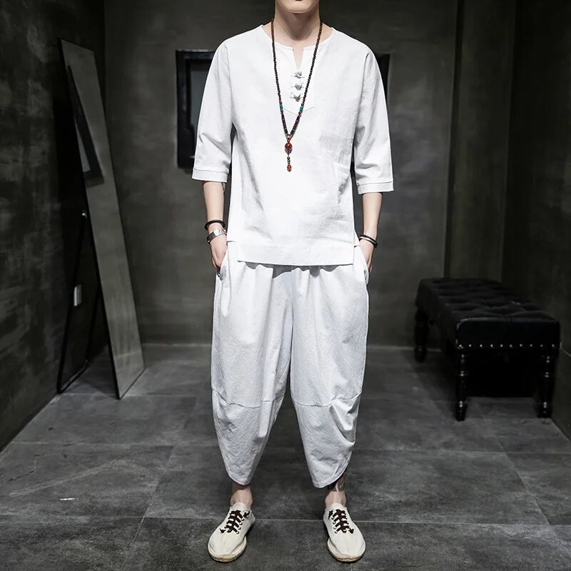 Мужской японский костюм Харадзюку 2 предмета Белый, M, white tops pants