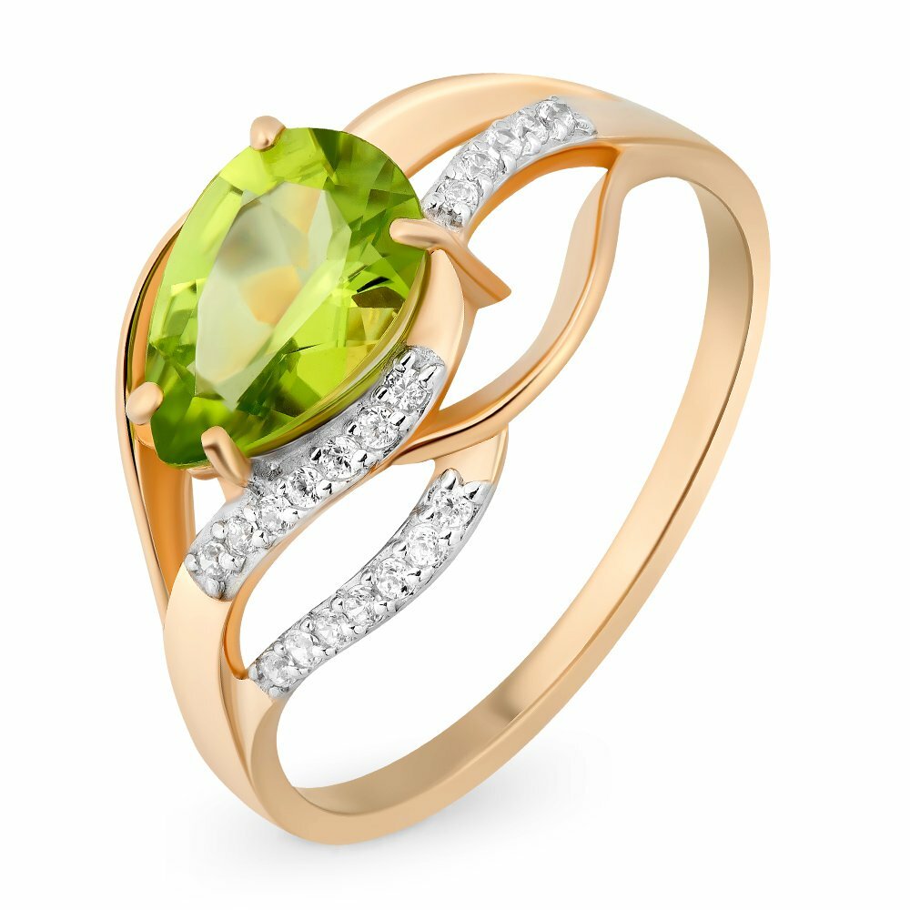 Кольцо, красное золото, 585 проба, родирование, хризолит, фианит