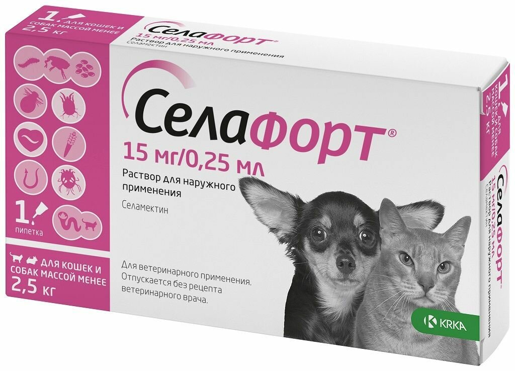 Селафорт капли от блох и клещей для кошк и собак до 2,5 кг. (0,25 мл, 1 пипетка) крка