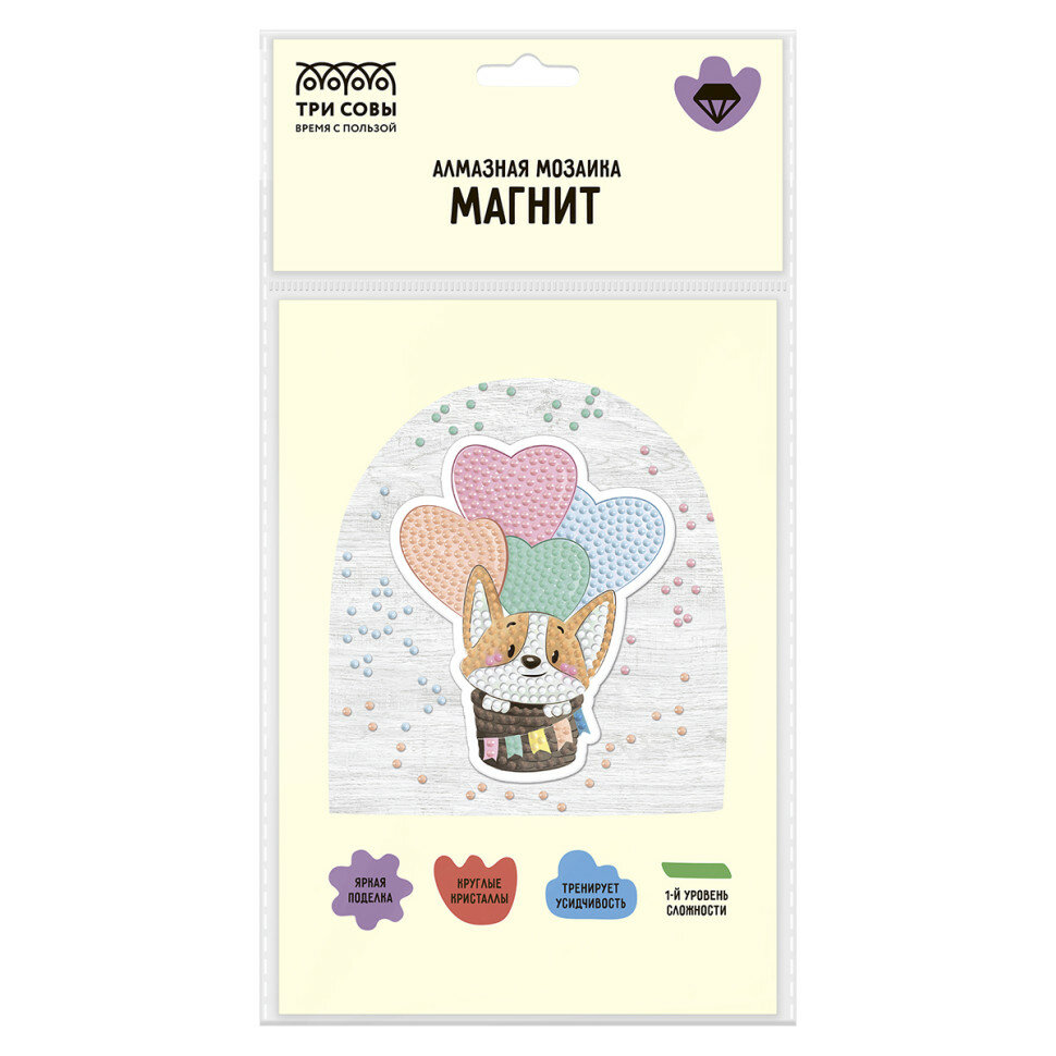 Алмазная мозаика, магнит ТРИ совы "Корги-путешественник", пакет с европодвесом, 380738