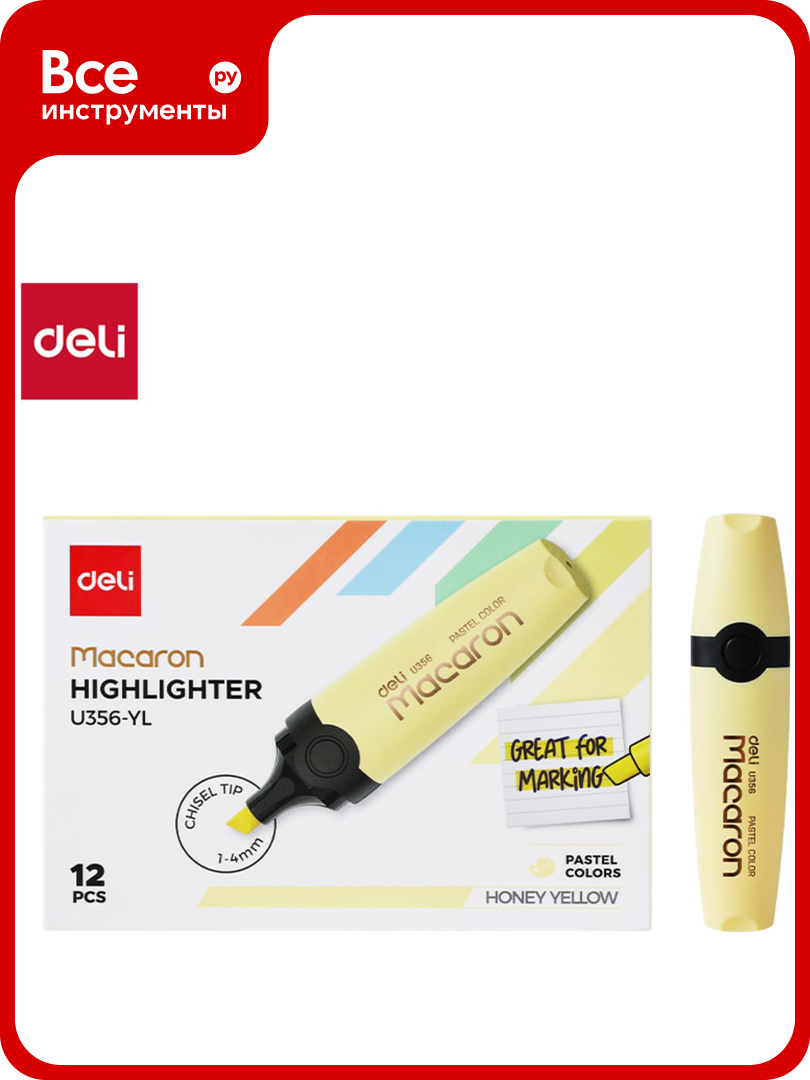 Текстовыделитель DELI Macaron скошенный пиш. наконечник 1-5мм желтый пастельный EU356-YL