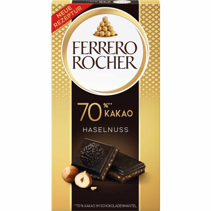 Шоколадная плитка Ferrero Rocher Haselnuss 70%/ шоколад темный с лесным орехом, 70% 90г