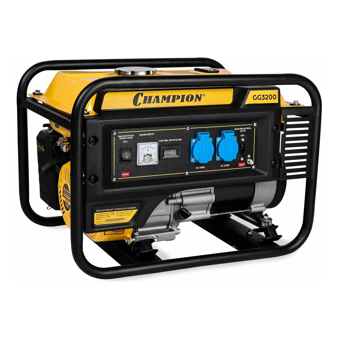 Бензиновый генератор Champion GG3200, 3.2/3.5кВт 7.5 л. с, топливный бак 15 л, черный/желтый
