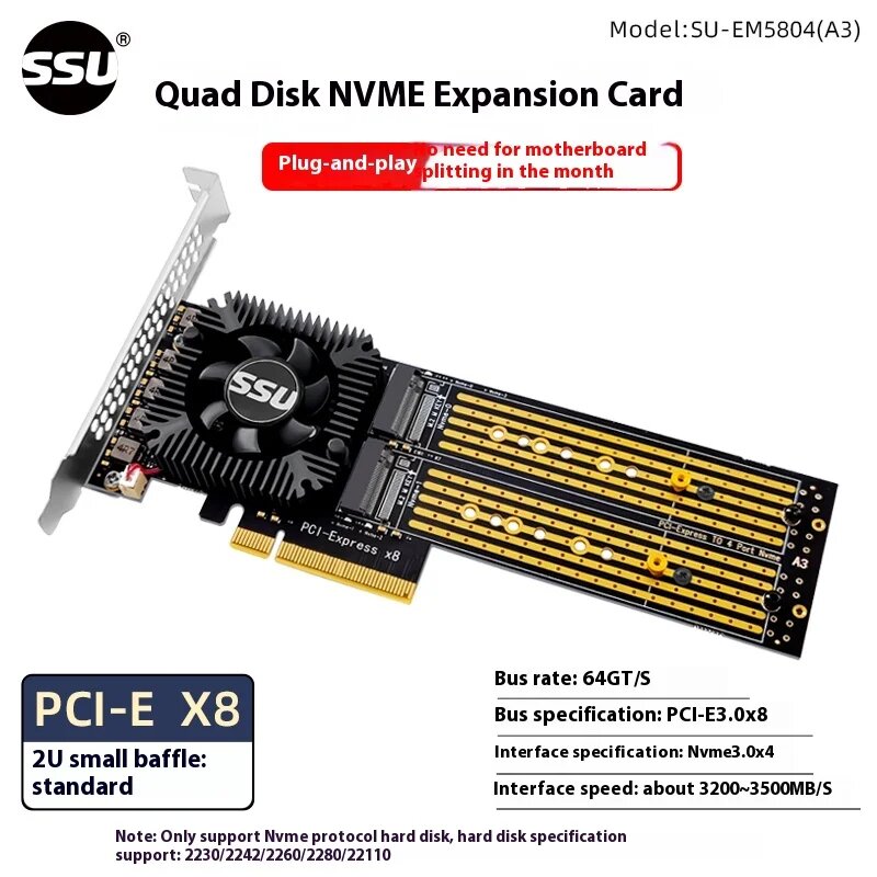 Карта расширения PCI-E X8 на четырехпортовую NVMe Карта адаптера M.2 SSD на Pcie без разделительных 4-портовых массивов
