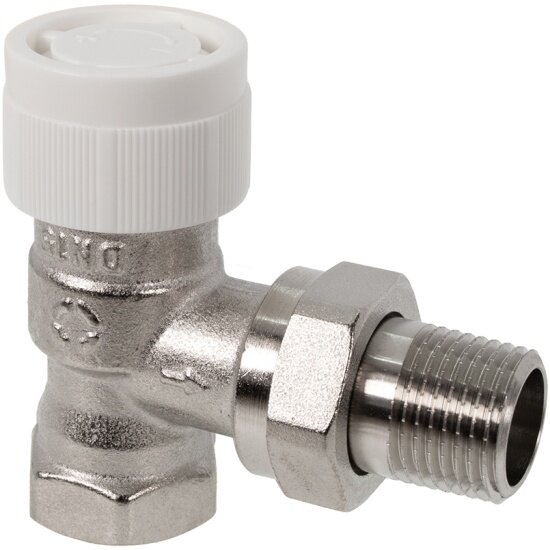 Вентиль Oventrop AVR 9, термостатический, с преднастройкой, угловой, DN-15, 1/2", 1/2", ВН, латунь никелированная, НГ со штуцером, белый колпачок