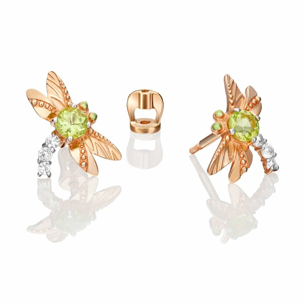 Серьги пусеты, красное золото, 585 проба, хризолит, эмаль, топаз