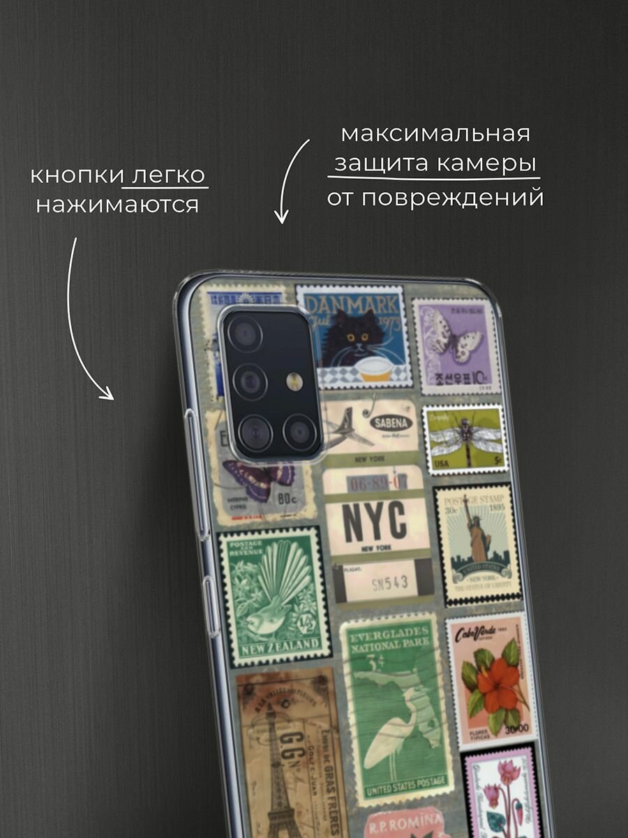 Чехол на Samsung Galaxy A51 / Самсунг Гэлакси А51 с принтом Коллаж из марок — фото 1