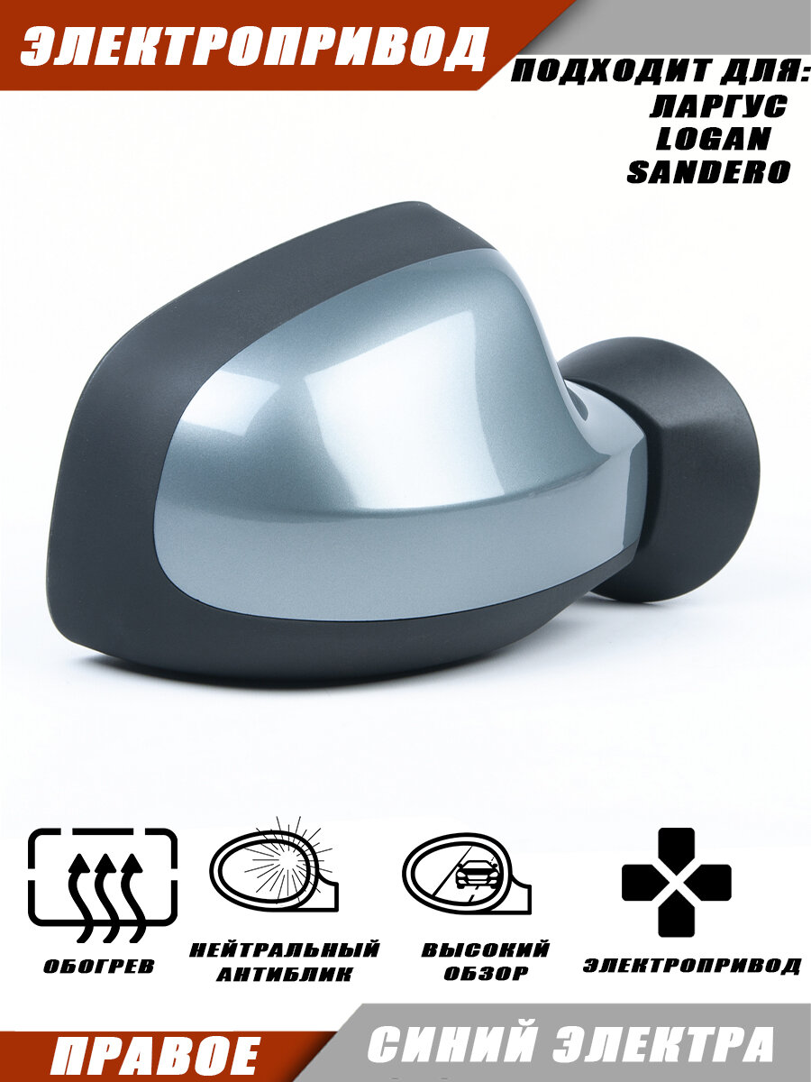 Зеркало на Лада Ларгус правое электропривод, обогрев, цвет Синий электра RNZ. 963023520R 963017247R Solina
