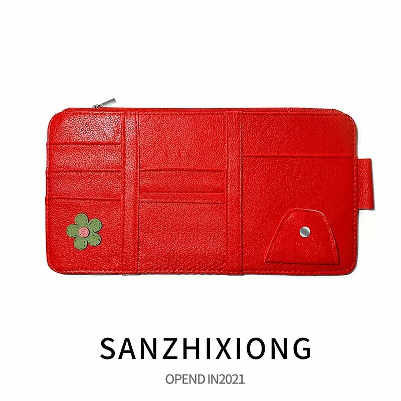 Красный органайзер для карт в машину с зеленым цветком - хранит очки и документы