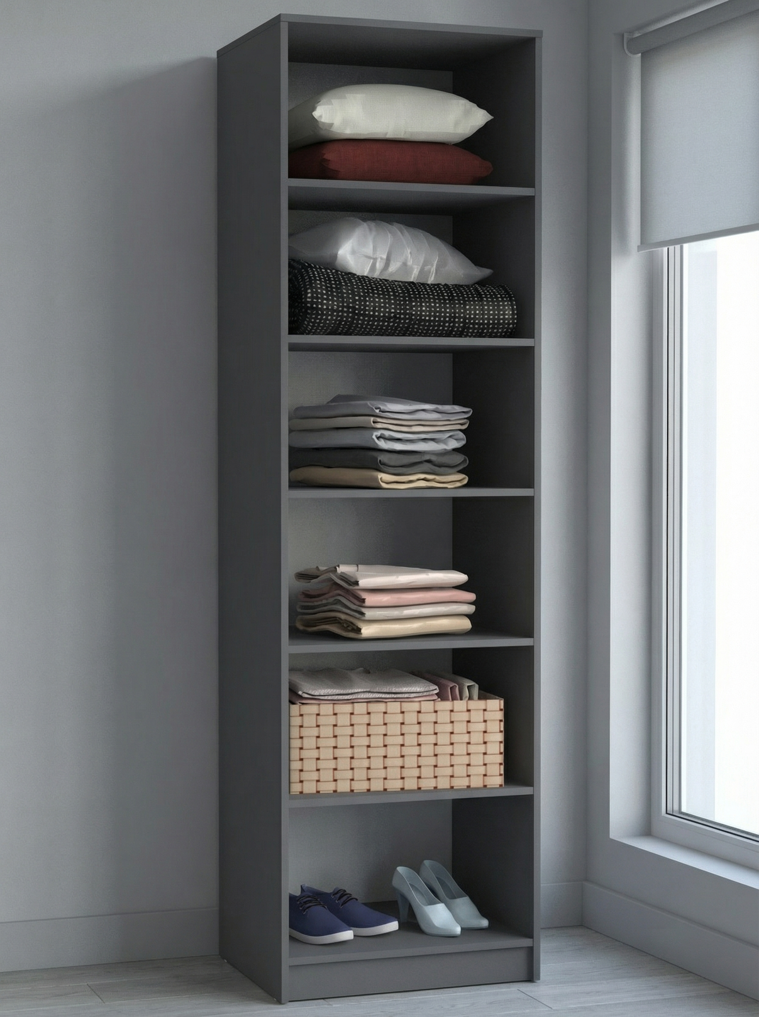 Открытый гардеробный шкаф-пенал Макс-1 с 6 полками, ШхГхВ: 60х50х210 см, графит