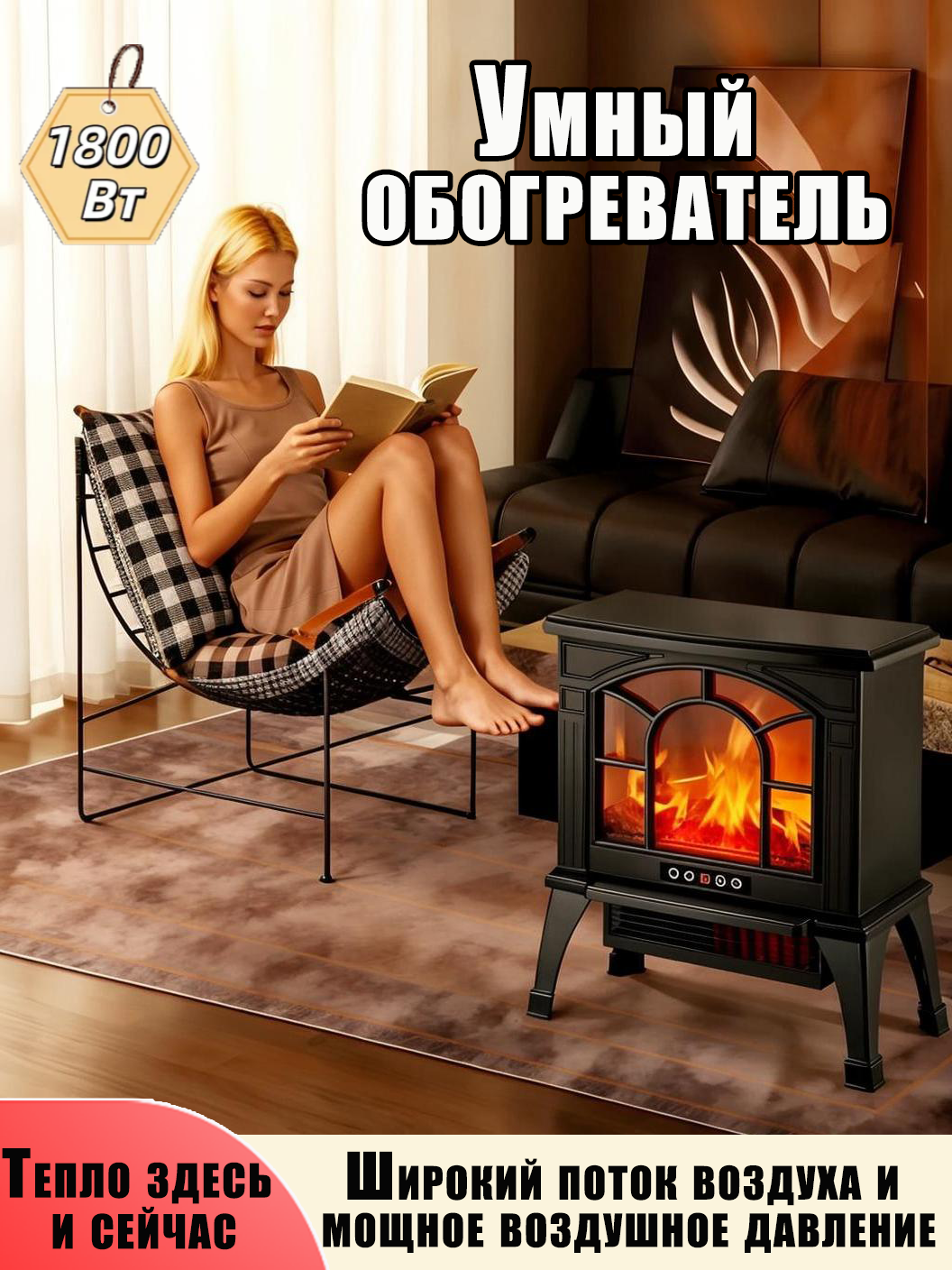 Электрокамин напольный с обогревом с очагом и порталом, 5 яркость пламени, для спальни, гостиной, офиса, дачи