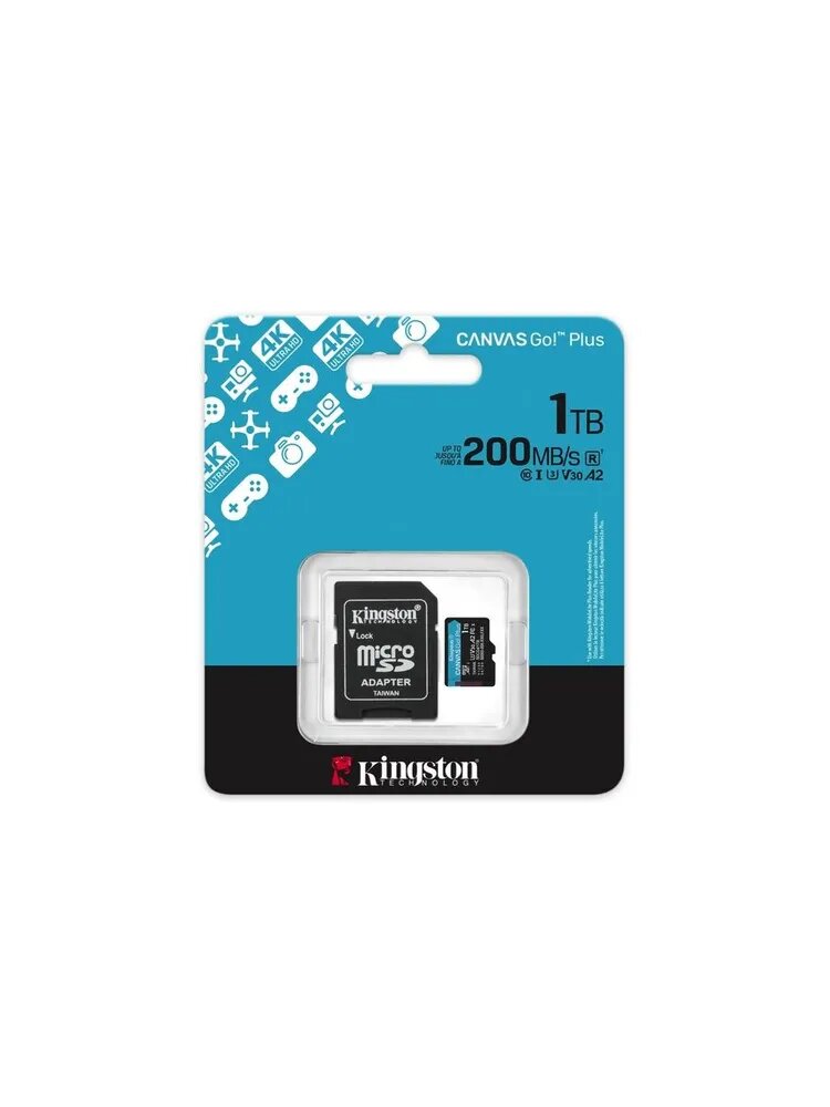Карта памяти microSDXC 1 Tb Kingston Canvas Go Plus A2, U3, V30, 200Mb/s, SDCG4/1TB, адаптер SD