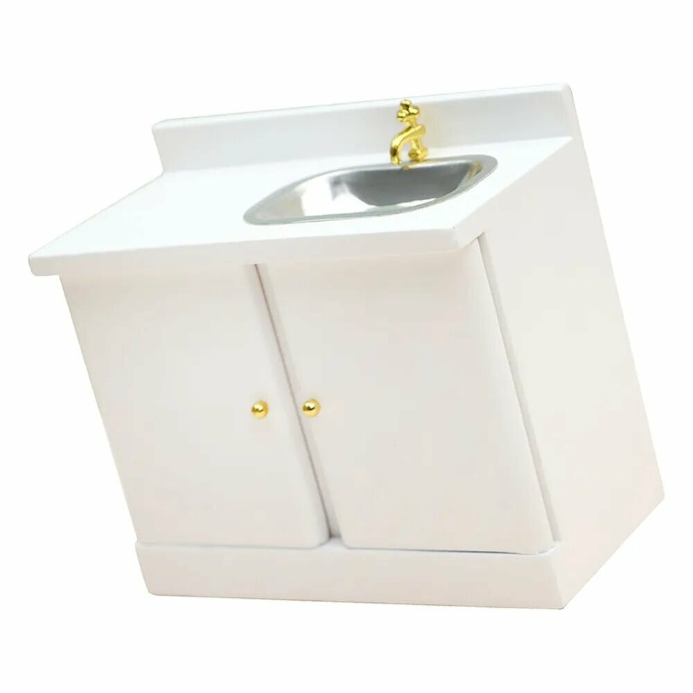 Белая деревянная миниатюрная тумба с раковиной для ванной кукольного дома для декора