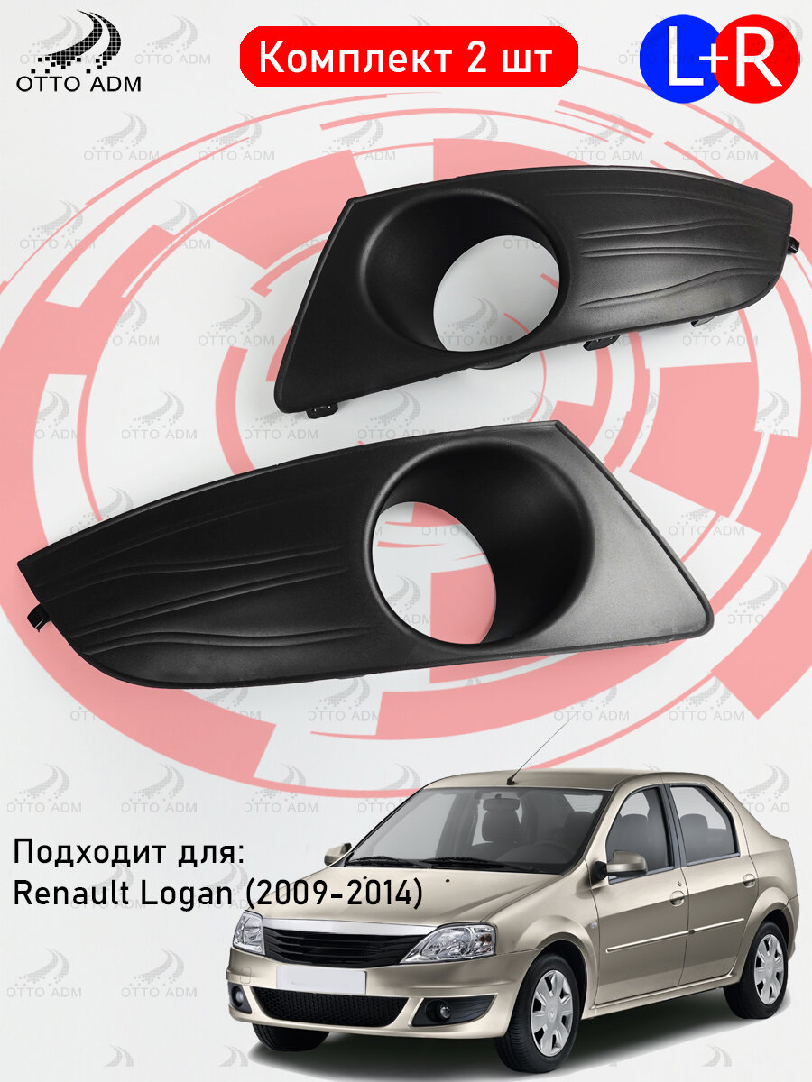 Накладка ПТФ для Рено Логан, Решетка, окантовка, решетка в бампер комплект для Renault Logan 1 2009-2014 рестайлинг