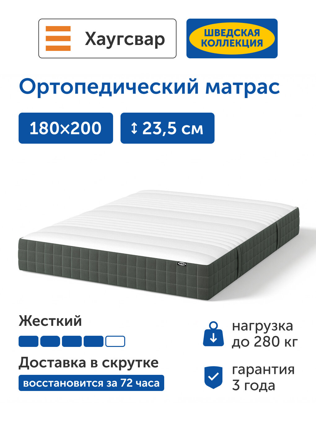 Ортопедический матрас IKEA/икеа Хаугсвар, независимые пружины, 180х200 см