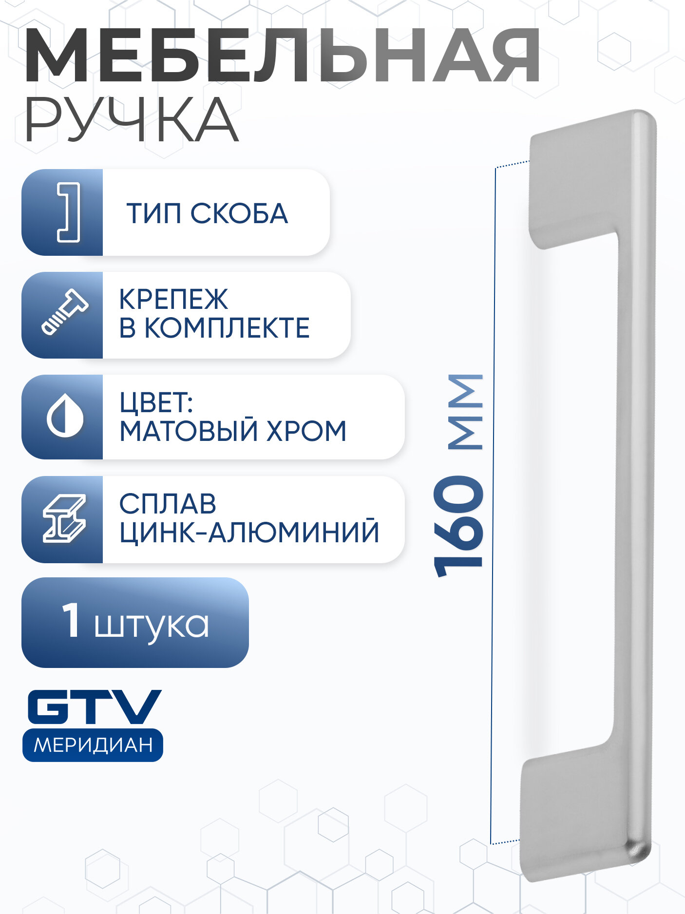 Ручка мебельная скоба алюминиевая 160 мм CAPRI цвет матовый хром 1 шт
