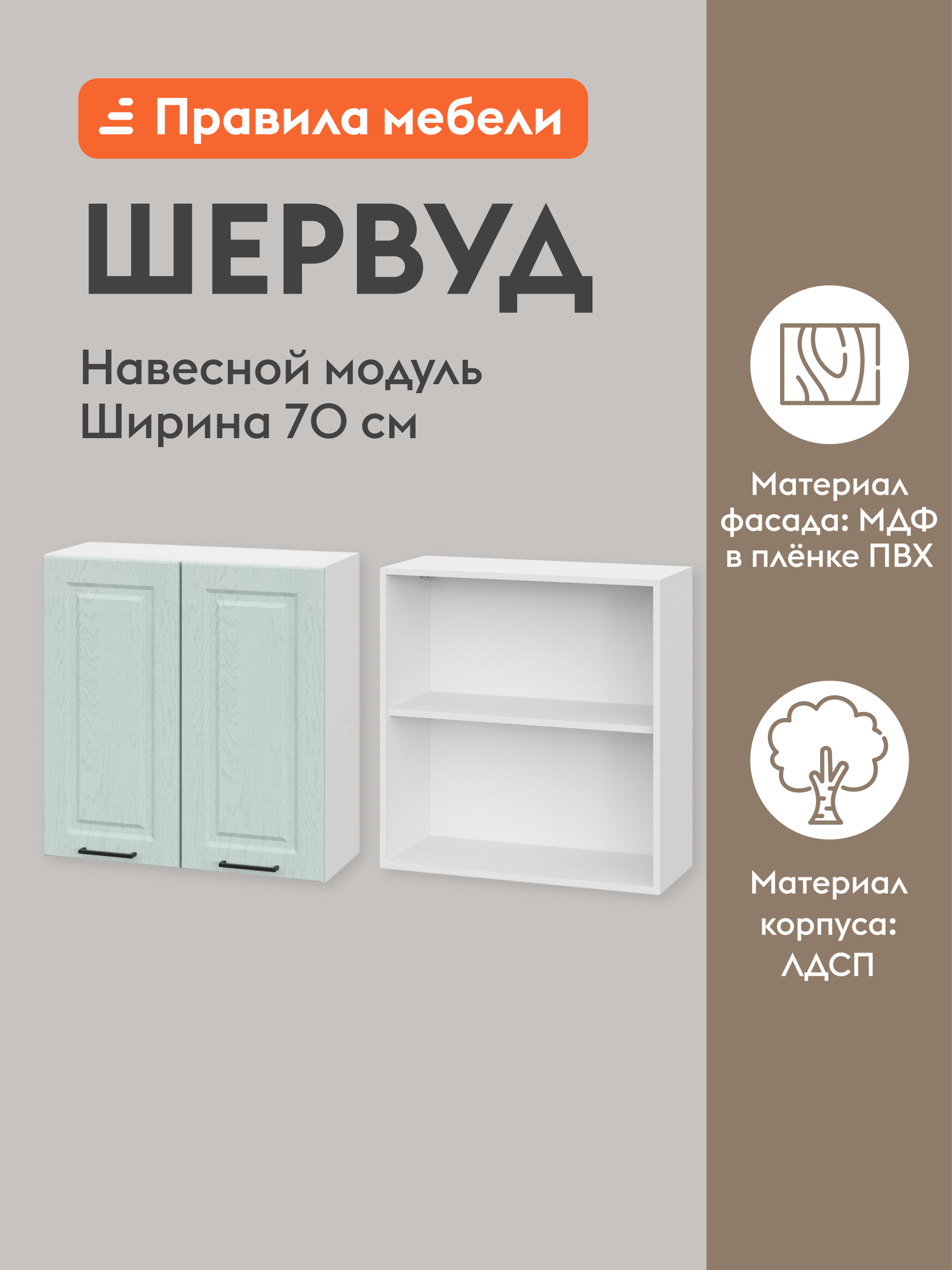 Кухонный модуль навесной, шкаф Шервуд с доводчиками, с полками, 70х29.6х72 см, Белый / Деним голубой
