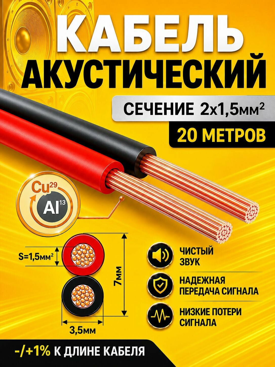 Кабель акустический двужильный 2х1,5 омедненный 20 метров; провода для автозвука; акустический провод швпм
