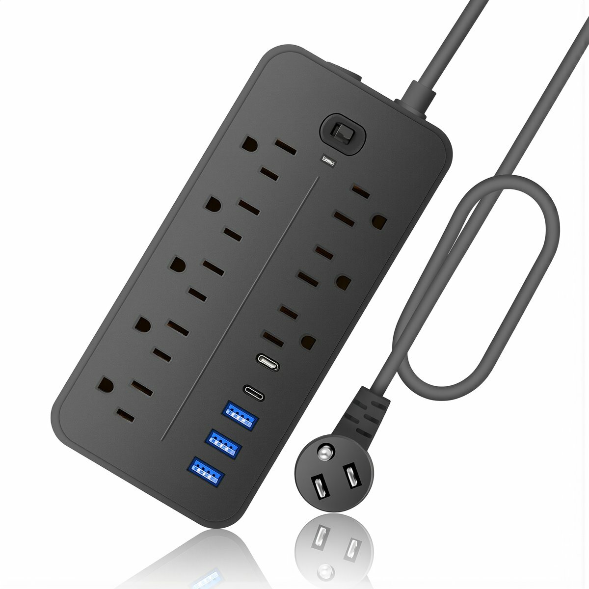 Сетевой фильтр на 8 розеток США с 4 портами USB, переключатель общий, защита от перегрузки, белый цвет для дома офиса, SC-08 черный / 8 розеток