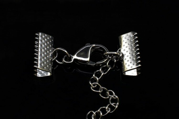 Зажим-концевик для лент/тесьмы с карабином 13х7х5мм, карабин 15х9х4мм, удлинитель 4см, цвет платина, хирургическая сталь, 04-163, 1 комплект