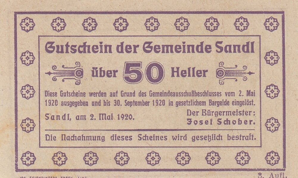 Австрия, Зандль 50 геллеров 1920 г. (№4)