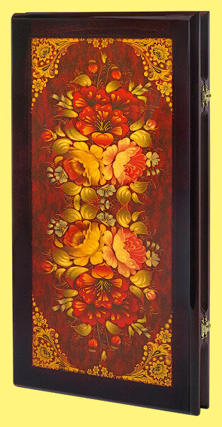 Нарды, шашки Узоры России VIP (рамка цвет эбенового дерева, прямые, средние, с домом для фишек)