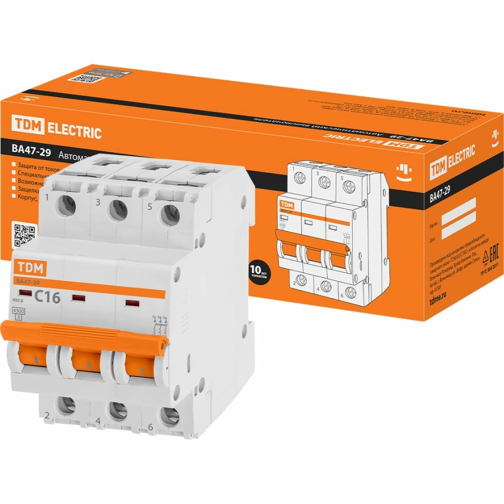 Автомат TDM ВА47-29 3Р, 16 А, 4,5 кА, С